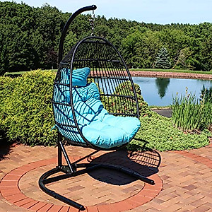 Sunnydaze Julia Hanging Egg Chair with Stand and Blue Cushions - Comfy Collapsible Outdoor Egg Chair Swing with Stand - Black Polyethylene Wicker Rattan Frame with Steel Stand - 76 Inches Tall