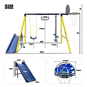 5 in 1 Outdoor Toddler Swing Set for Backyard, Playground Swing Sets with Steel Frame, Swing n' Slide Playset for Kids with Seesaw Swing, Basketball Hoop