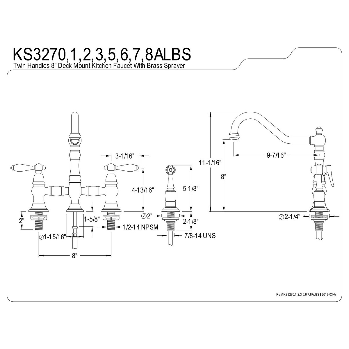 Kingston Brass KS3278ALBS Restoration Bridge Kitchen Faucet, 9-7/16 Inch in Spout Reach, Brushed Nickel