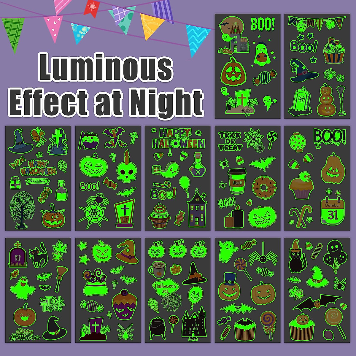 Partywind 135 Styles Luminous Halloween Tattoos, Glow Halloween Treats for Kids Party Supplies Favors Decorations, Cute Halloween Games Toys for Trick or Treat Party (12 Sheets)