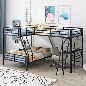 GINGVAT Twin Over Full Bunk Bed with a Twin Size Loft Bed Attached, L-Shaped Triple Metal Bed for Three Kids with a Desk and 2 Ladders, Black