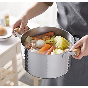 Yoshikawa YJ3302 Double-Handed Pot, 9.4 inches (24 cm), Wooden Handle Hammered Pot, Induction Compatible,