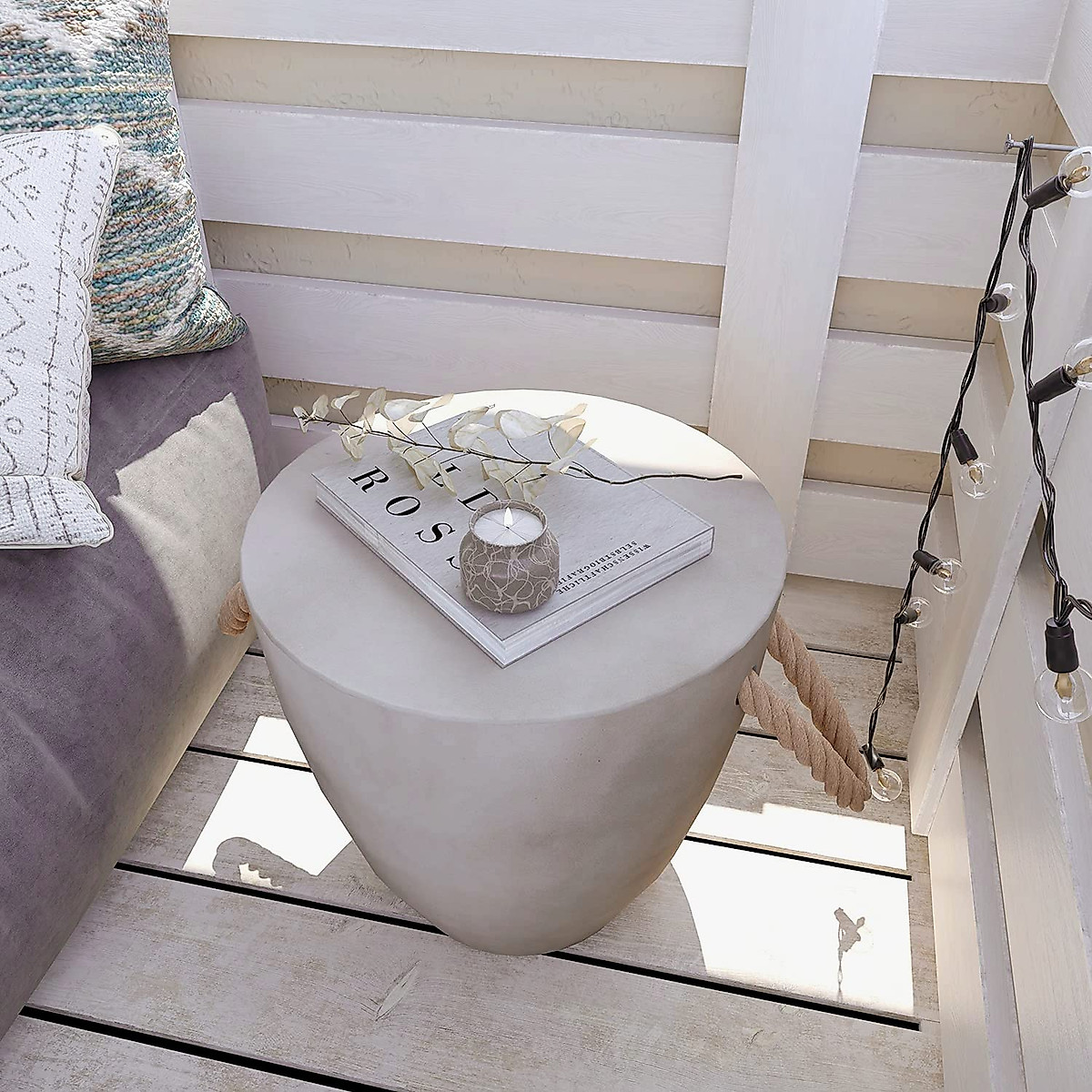 HOMPUS Concrete Outdoor Side Table Drum Accent Light Gray Modern End Table, Round Coffee Table with Rope Handle Garden Stool Decor for Garden, Indoor, Living Room