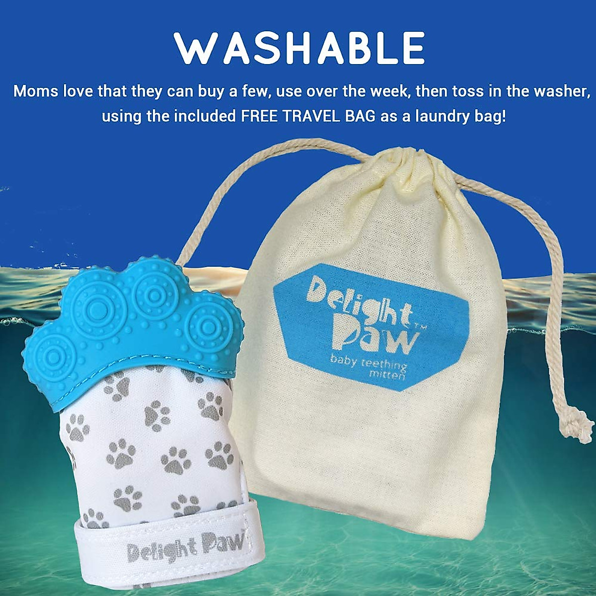 Delight Paw Baby Teething Mitten Mom Designed | Self Soothing Pain Relief | Hygienic Travel Bag | No BPA | Baby Boy Baby Girl | Babies Over 3 Months | Bubbly Blue | 2 Pack