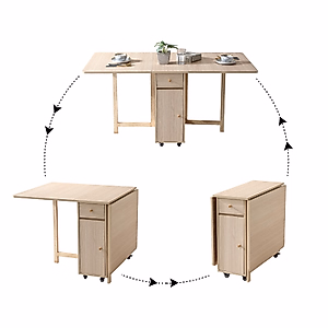 COMUHOME Extendable Drop Leaf Folding Dining Table with 2 Drawers and 4 Wheels for Living Room Kitchen Farmhouse Space Saving Table in Wood Color
