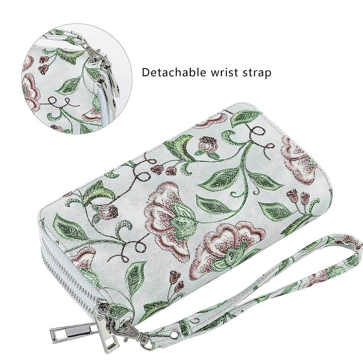 Women's Double Zipper Wallet Large with Removable Wristlet Clutch Cellphone Bag with Wristlet and ID Window(Blue morning glory)