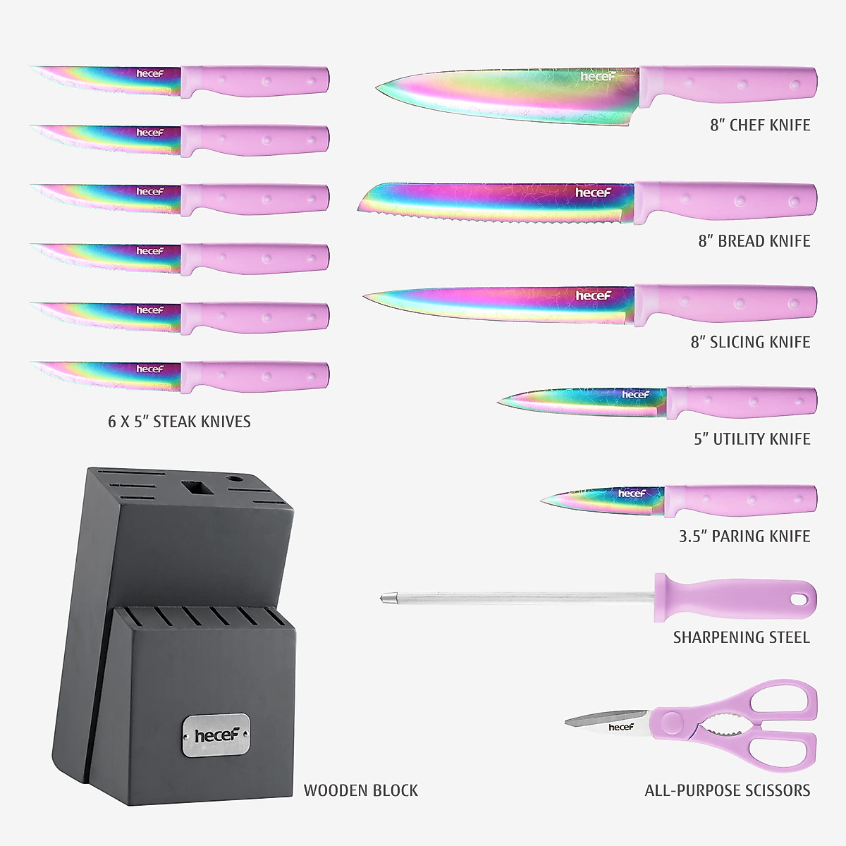 hecef 14 Pieces Knife Set with Block, Rainbow Titanium Knives Set with Laser Pattern, Martensitic Stainless Steel Chef Knife Set with Sharpener, Steak Knife, Scissors, Mothers Day Gift