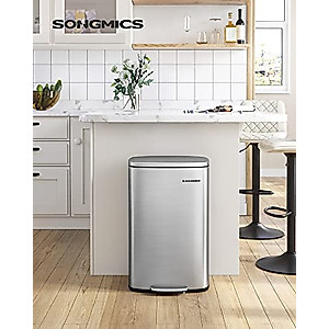 SONGMICS 13 Gallon Trash Can, Stainless Steel Kitchen Garbage Can, Recycling or Waste Bin, Soft Close, Step-On Pedal, Removable Inner Bucket, Silver ULTB050E01