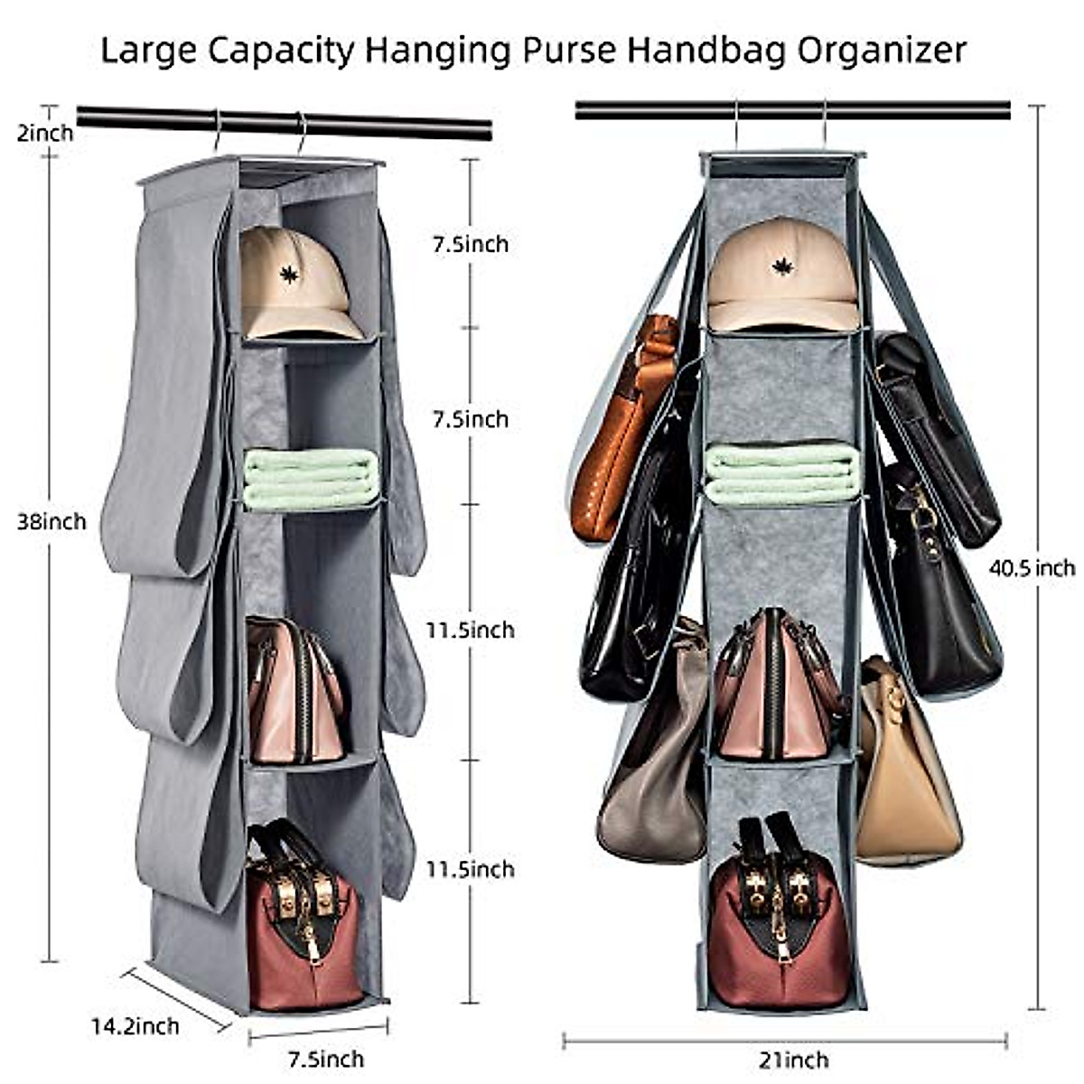 SAVERHO Hanging Purse Organizer,Closet Purse Organizer with 10 Compartments Handbag Storage Organizer for Wardrobe Accessories Storage Bag (Grey)