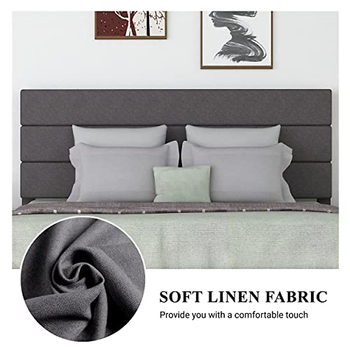 Benevika King Size Upholstered Platform Bed Frame with Linen Fabric Simple Style Headboard and Wooden Slats Support, Upholstered Mattress Foundation, No Box Spring Needed, Easy Assembly, Grey