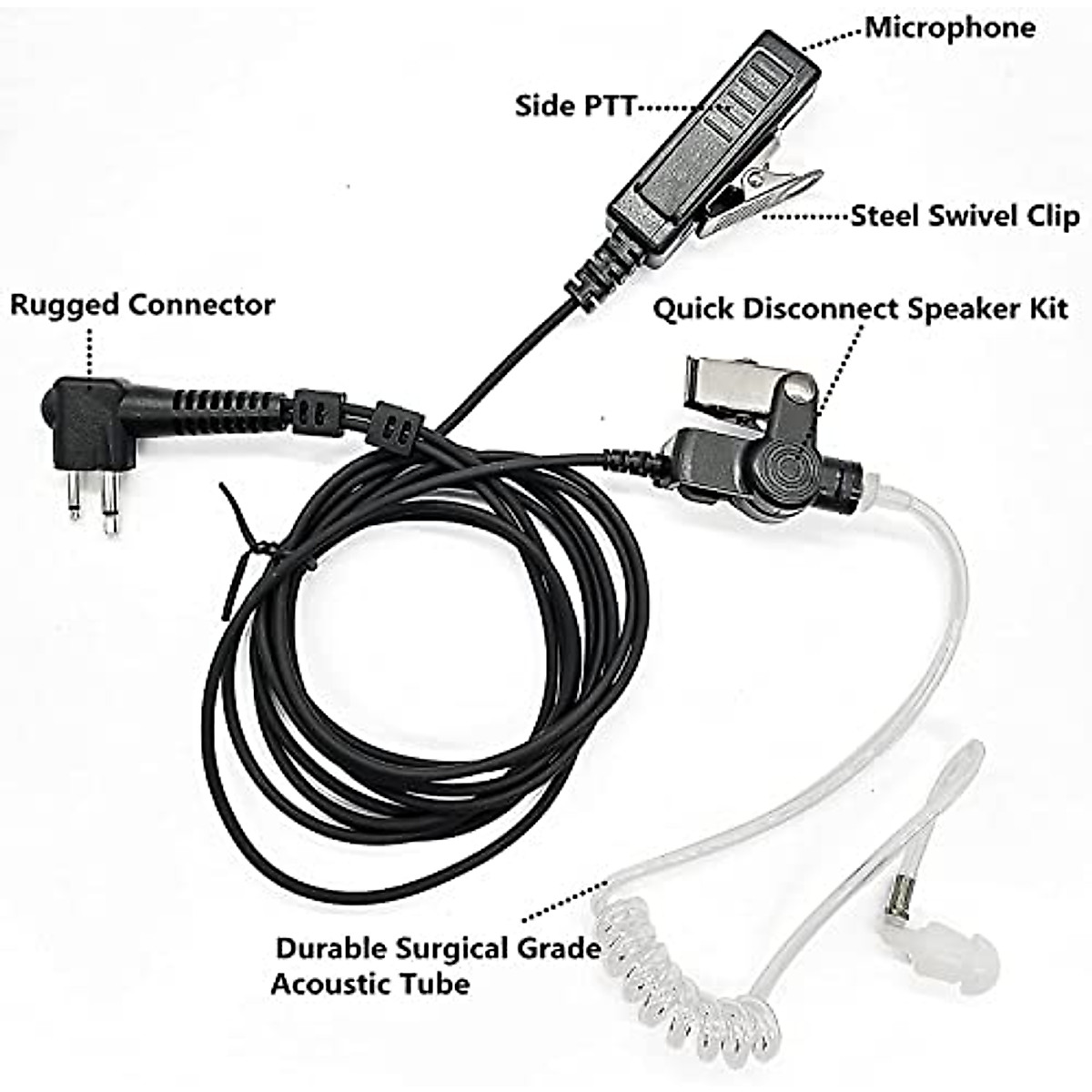 WODASEN 2 Pin PTT Transparent Acoustic Tube Earpiece for Motorola CP200 CLS1110 CLS1410 GP300 Walkie Talkies Earphone Two Way Radio Headset Push to Talk Button Mic Headphones with Black Earmold