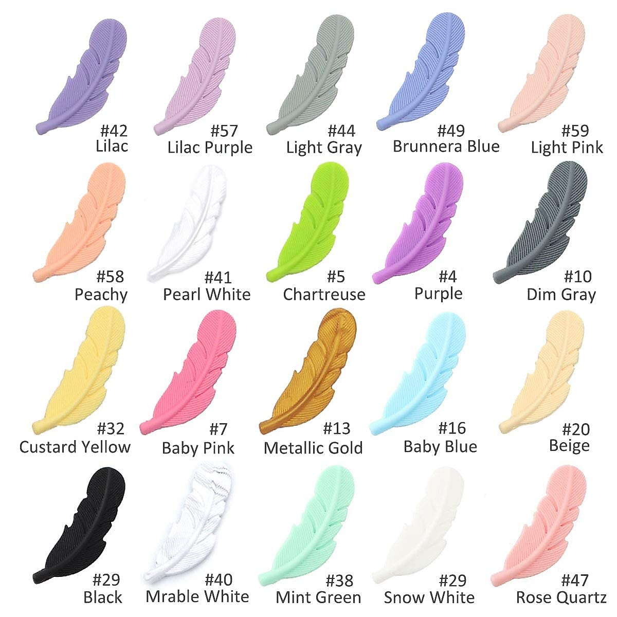 Weekjoey 20Pcs Feather Silicone Beads Jewelry Makeing DIY Bracelet Necklace Pendant Mix 20 Colors Soft Colorful Loose Beads Handmade Supplies