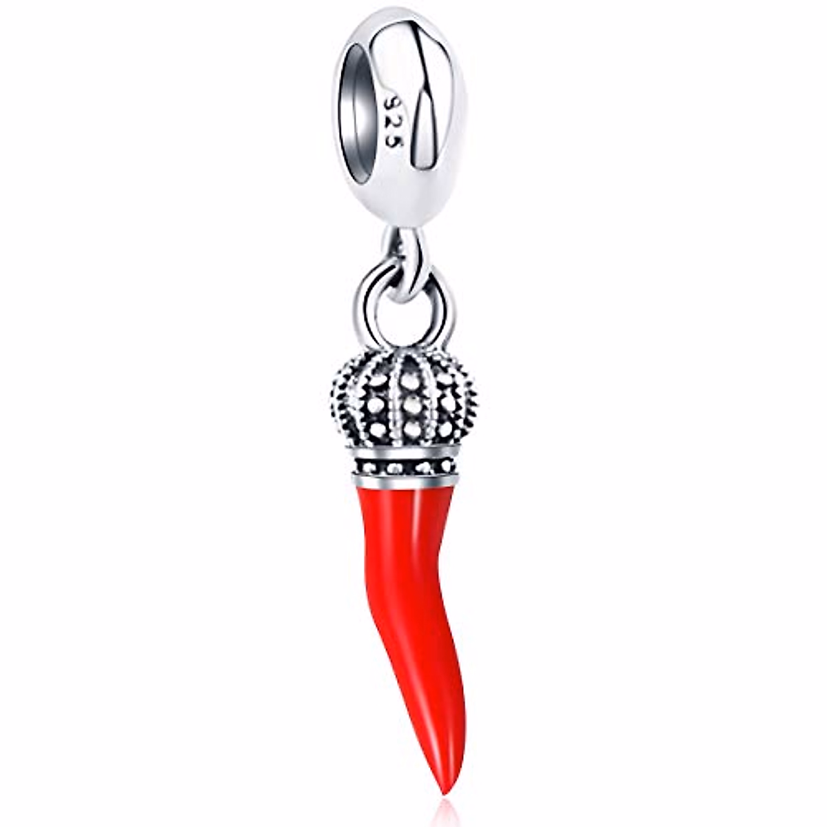 Red Italian Horn Charm Pendant, 925 Sterling Silver Italy Corno Chili Pepper Dangling Bead, Fit Pandora Style Bracelet Necklace, Lucky Gift for Valentines Day/Mum/Dad
