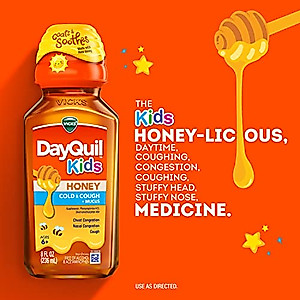 Vicks DayQuil Kids Cold and Cough + Mucus Relief Made with Real Honey for Kids 6+ Tastes Great 8oz
