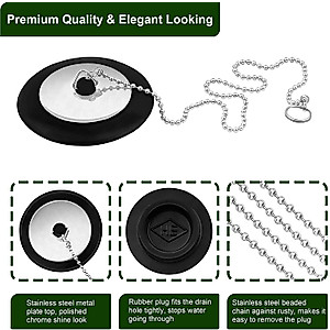 3Pcs Rubber Bath Tub Stopper Sink Plugs Kitchen Sink Drain Strainer with Stainless Steel Round Beaded Chain for 1-1/2 Inch to 2 Inch