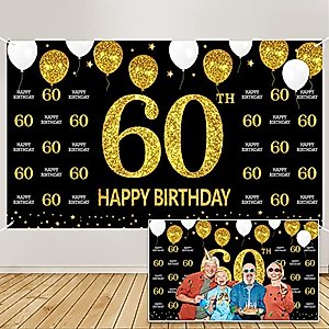 60th Birthday Decorations Happy 60th Birthday Banner for Men Women, Black Gold 60 Birthday Backdrop Sign Party Supplies, Sixty Birthday Photo Booth Background Decor for Outdoor Indoor