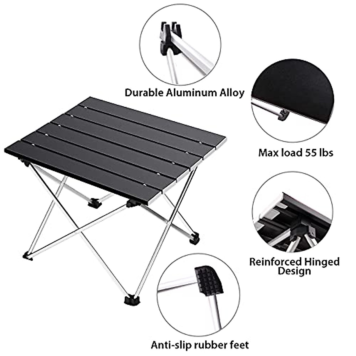 Tesouro Portable Camping Table,Folding Side Table Aluminum Top for Outdoor Cooking, Hiking, Travel, Picnic (Small, Black)