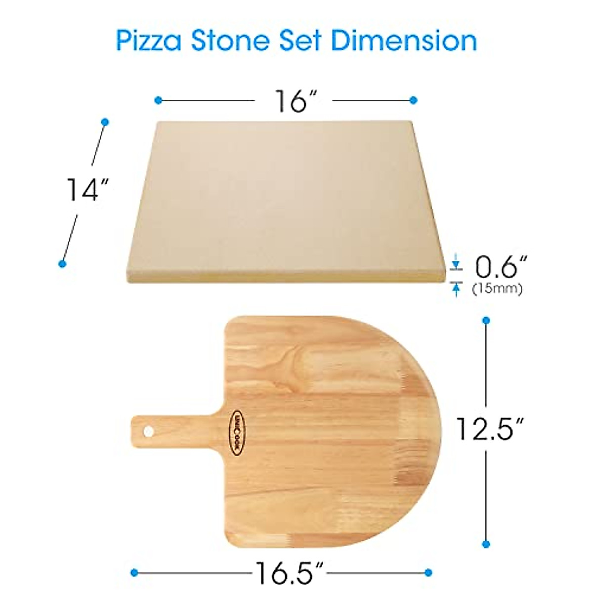 Unicook Pizza Stone and Peel, 16 x 14 Inch Baking Stone for Grill Oven, Thermal Shock Resistant Cooking Stone for Making Crisp Crust Pizza Bread, Includes Wooden Pizza Peel
