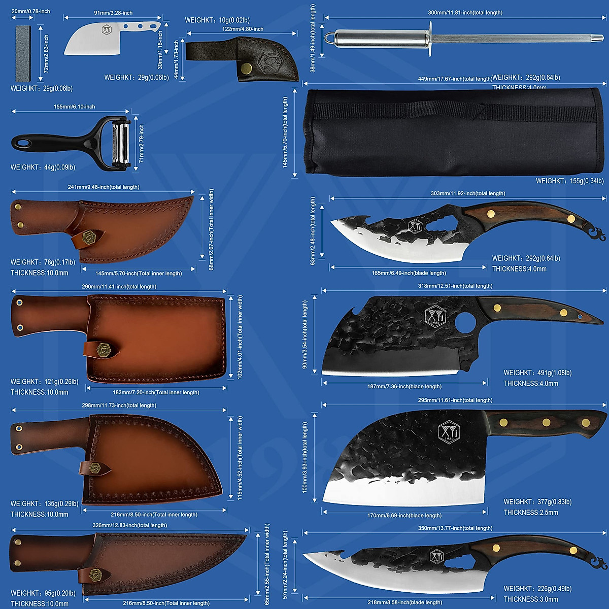 XYJ Authentic Since1986,Professional Knife Sets for Master Chefs,Camping Chef Knife Set with Bag,Sheath,Culinary Kitchen Butcher Meat Knives,Slicing Cooking Cutting,Full Tang,High Carbon Steel