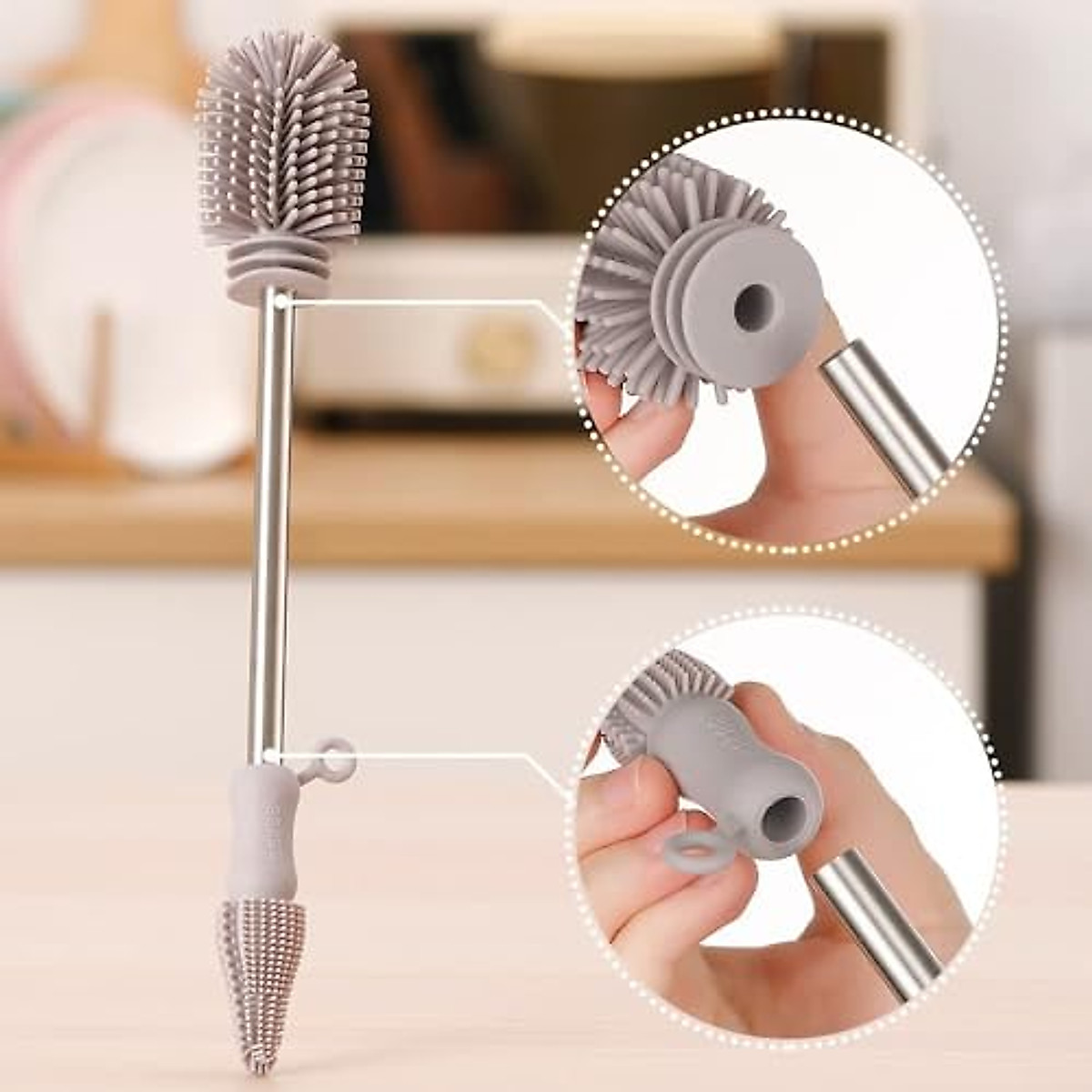 Haakaa Baby Bottle Brush Kit -Silicone Cleaning Brush for Breast Pump,Nipple,Breast Milk Storage Bag,Reusable Straw,Sippy Cup - Food Grade Silicone Bristles, Portable -3 Pcs - Light Gray