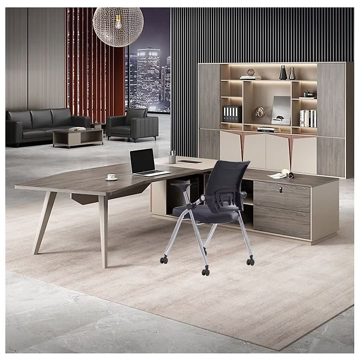 Folding office chair with wheels portable,comfy chair for desk,Home office chair ergonomic desk chair leather padded seats,desk chair for bedroom,conference training chairs for adults livingroom,black