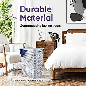 Superio Laundry Hamper with Lid 60 Liter Ivory (2 Pack) Plastic Wicker Large Hampers Basket with Cutout Handles, Deluxe Bin to Storage Dirty Cloths in Washroom Bathroom