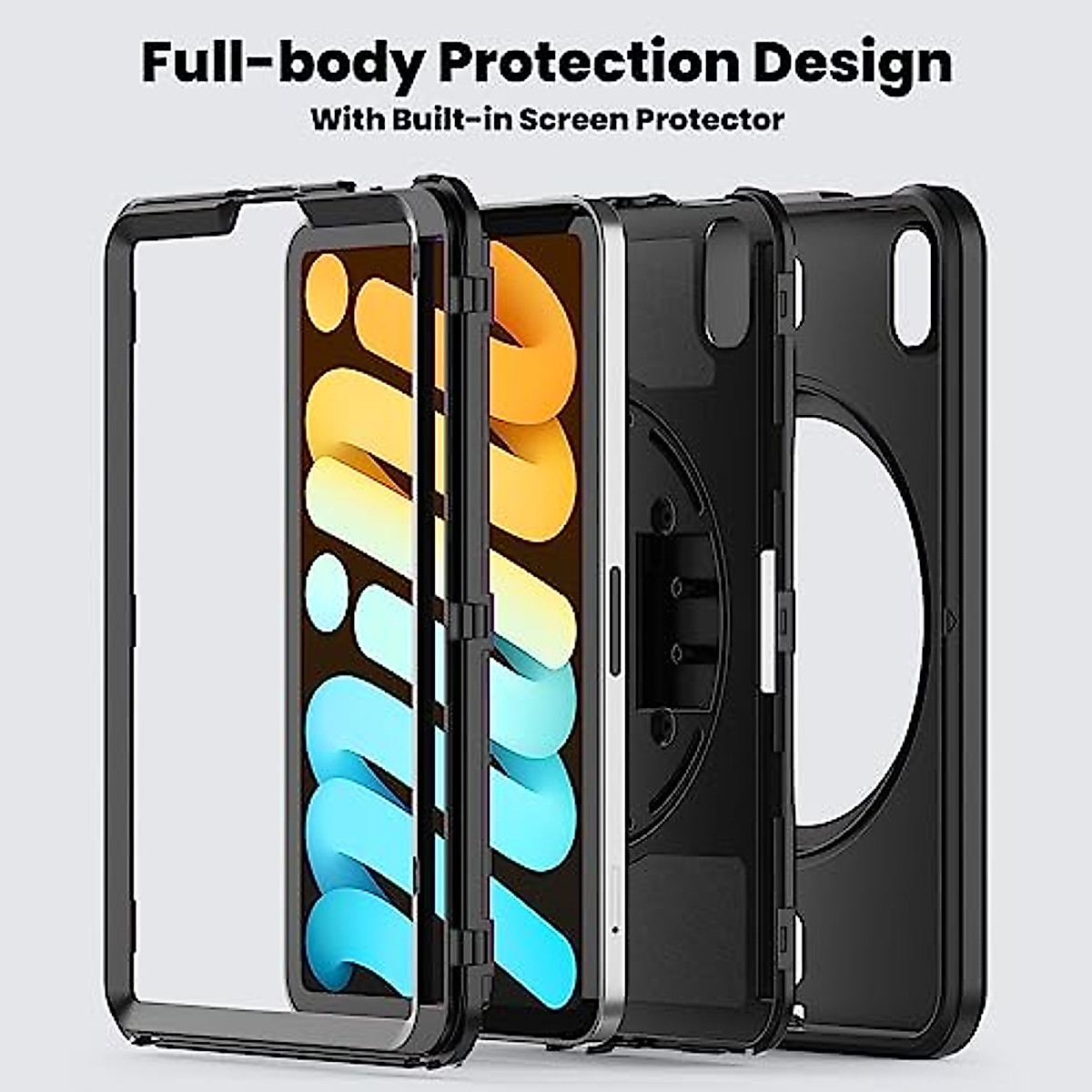 SEYMAC iPad Mini 6 Case 2021 Mini 6th Generation Case, Shockproof Protective Mini 6 Kids Case with Pencil Holder Screen Protector Hand Strap Stand Case for iPad Mini 6th Gen 8.3 Inch 2021, Black