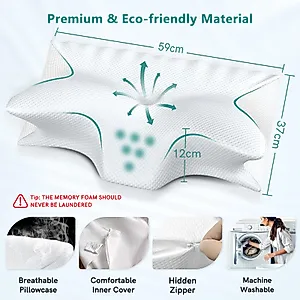Cervical Neck Pillow Neck Pain Relief, Adjustable Ergonomic Memory Foam Pillow for Neck and Shoulder Pain Relief, Bed Contour Support Pillows for Side Sleepers, Back & Stomach Sleepers