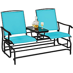 Giantex Patio Bench Glider Chair with Metal Frame, Center Tempered Glass Table, Outside Double Rocking Swing Loveseat for Porch, Garden, Poolside, Balcony, Lawn Rocker Outdoor Glider Bench(Turquoise)