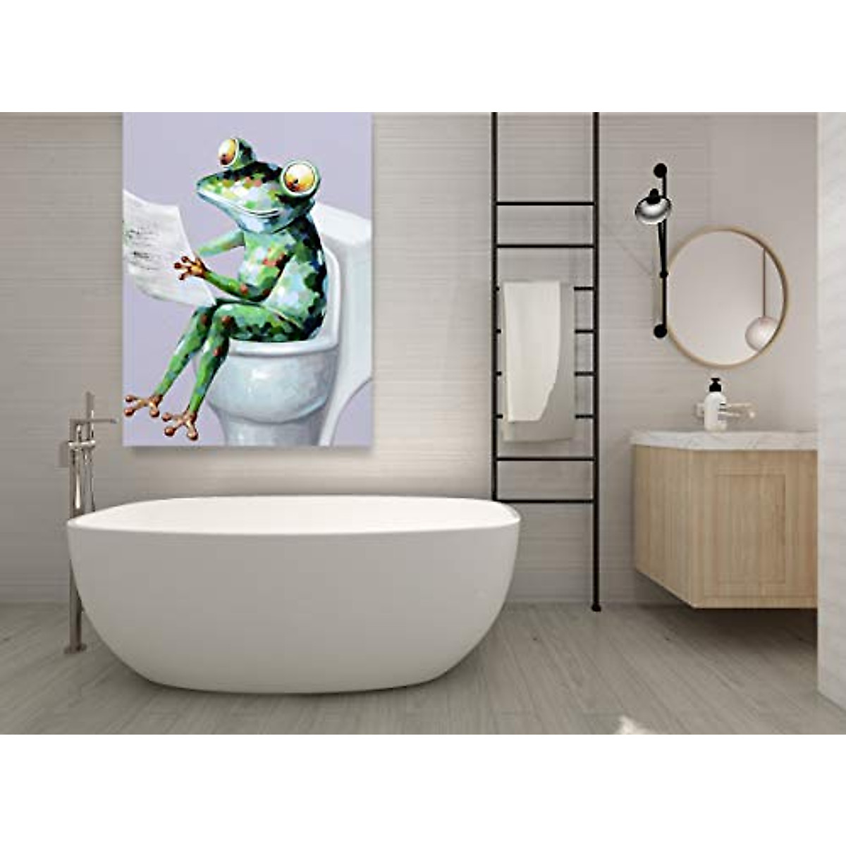 Yihui Arts Funny Bathroom Wall Art Hand Painted Happy Frog Reading Book Large Painting Pictures with Framed for Decor