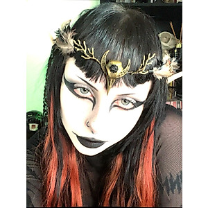 MOSTORY Brown Feather Witch Crown - Handmade Gothic Headpiece Elf Moon Cirlet with Crow Skull Dark Tiara for Women Witch Aesthetic Renaissance Halloween Cosplay Goth Wedding