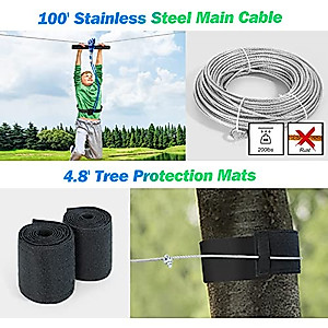JOYLDIAS 100FT Zipline Kits for Backyard with Climbing Swing Rope and Seat, Zip Lines for Kids and Adults with Spring Brake, Safety Belt Zip Line for Kids Outdoor Playground Games