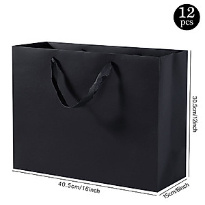 Umoonfine Gift Wrap Bag, 12 Pack Extra Large Black Paper Bags with Ribbon Handles, 15.7x5.9x12 Inches, Reusable for Shopping, Wedding, Party