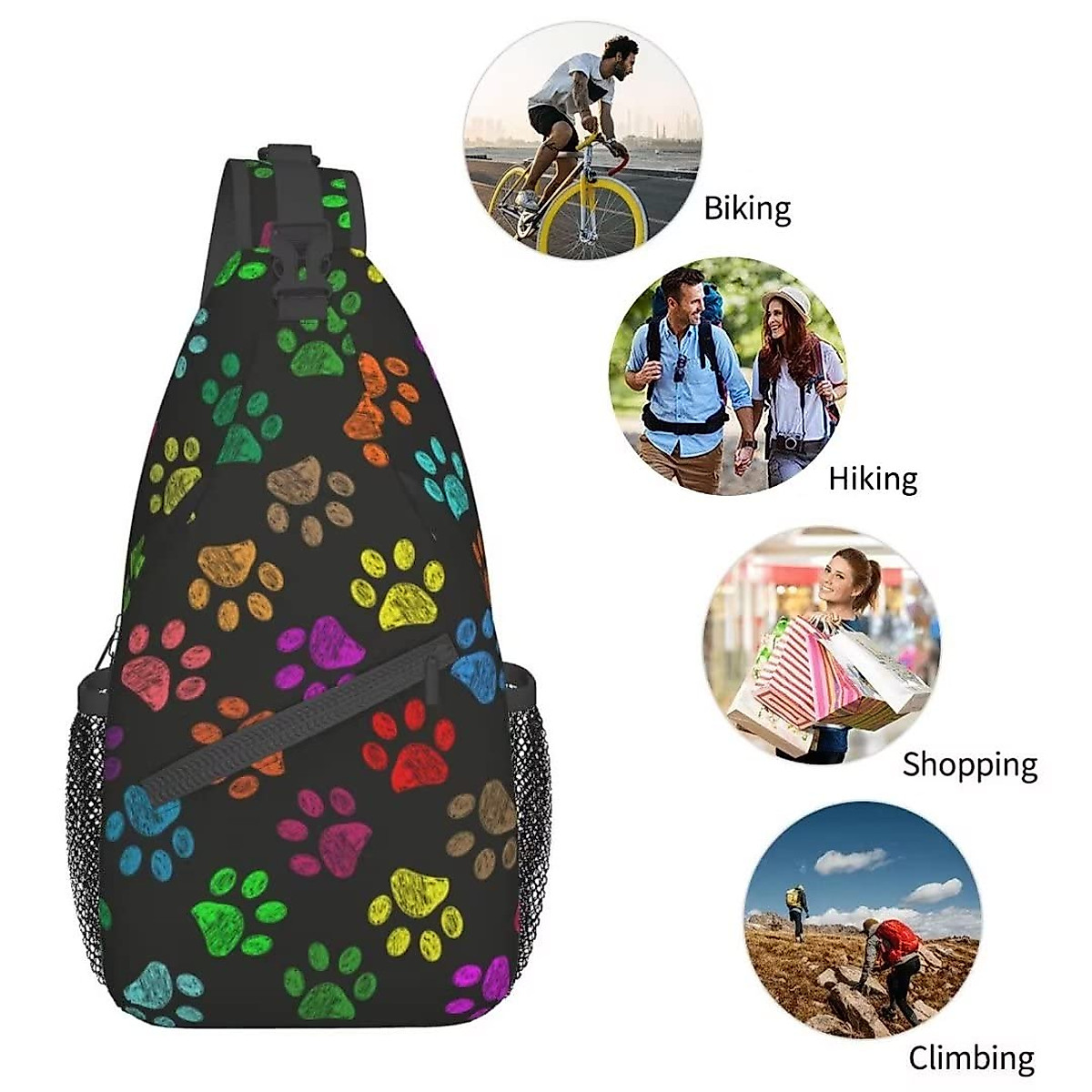 SURERUIM Paw Print Sling Bag for Women Men Crossbody Shoulder Backpack Colorful Vibrant Colored Doodle Paw Prints Seamless Pattern Chest Bags Cute Animal Pet Footprints Gym Bag Casual Daypack