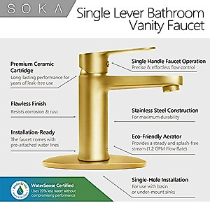 SOKA Brass Bathroom Faucet Brushed Gold Bathroom Sink Faucet Gold with Pop-up Sink Drain Stopper & Deck Plate 1 or 3 Hole Bathroom Faucet Single Handle Bathroom Faucet Single Hole RV Bathroom Faucet