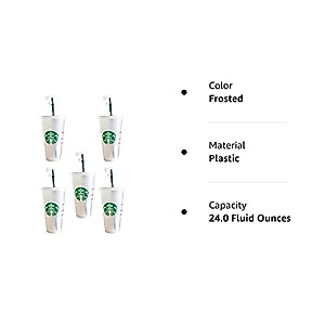 Starbuck 5 Pack Bundle - Reusable Frosted 24 oz Cold Cup with Lid and Green Straw w/Stopper