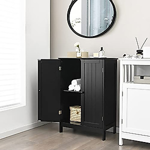 Tangkula Bathroom Floor Cabinet, Freestanding Storage Cabinet with Double Doors and Shelf, Modern Home Furniture, Wooden Home Organizer for Living Room, Bathroom Storage Cabinet (Black)