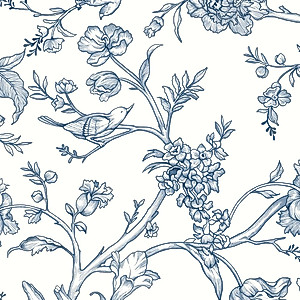 Safiyya Peel and Stick Wallpaper Floral Birds Contact Paper Blue White Wallpaper Peel and Stick Removable Wallpaper Boho Wallpaper Flower Contact Paper for Walls Vinyl Rolls 118"x17.3"