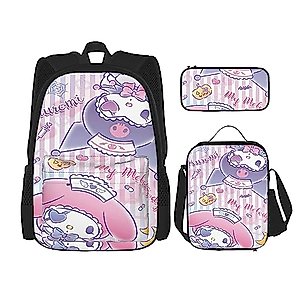 ORPJXIO Backpack 3 Piece Set Kuromi Anime My Melody Laptop Backpack Pencil Case Lunch Bag Combination For Travel Work Camping