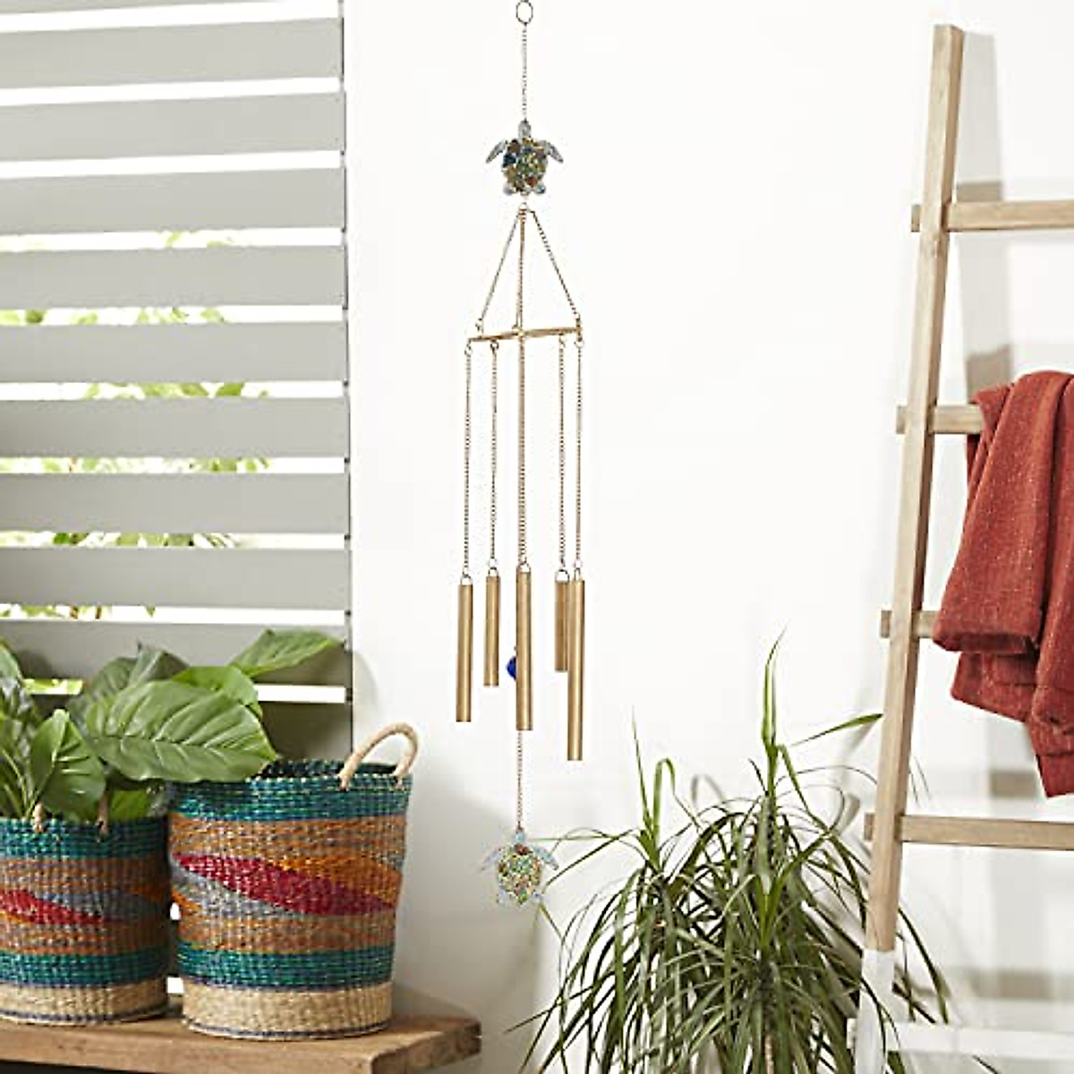 Deco 79 Metal Turtle Indoor Outdoor Embellished Windchime with Glass Beads and Pipe Bells, 5" x 5" x 41", Gold