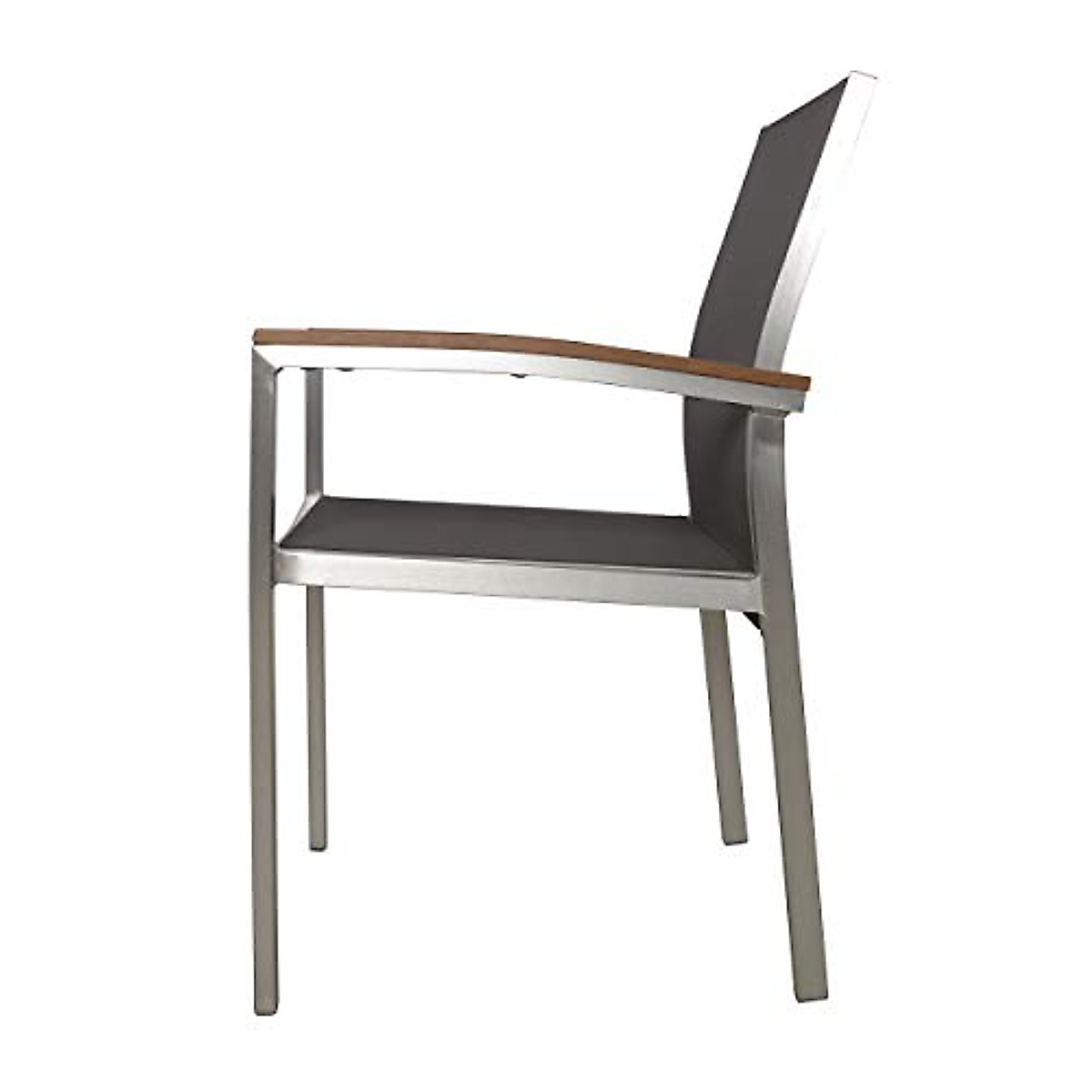 Emma Patio Dining Chairs - Aluminum - Outdoor Mesh Seats - Faux Wood Arms - Set of 2 - Silver with Gray and Natural Finish