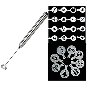 RayLineDo® Stainless Steel Electric Milk Frother Handheld Coffee Foam Maker Whisk Battery Operated + 2 Sets Cappuccino Coffee Stencils Template Strew Flowers Pad Duster Spray Art