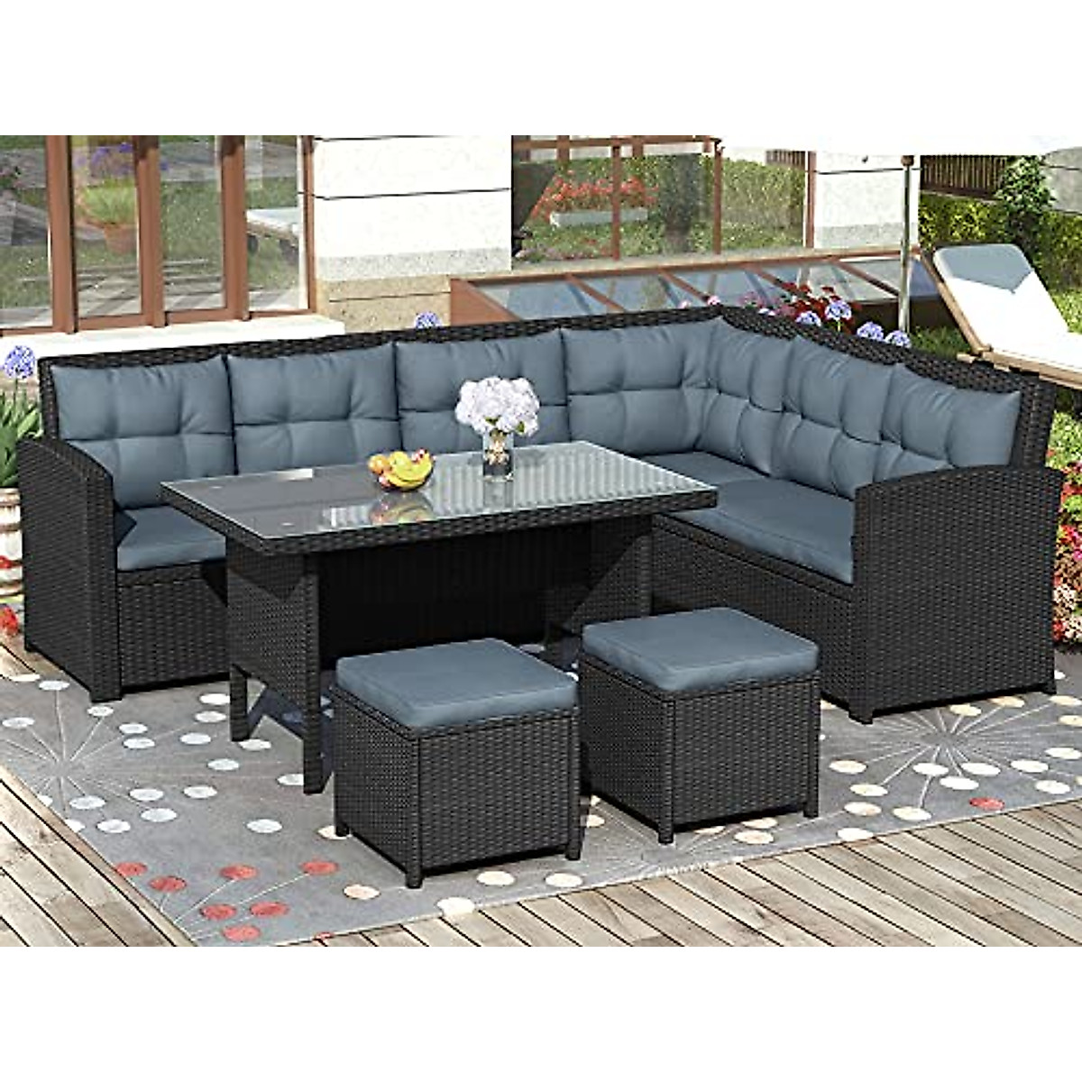 GODAFA 7 Seating Outdoor Patio Furniture Sectional Sofa Set, All-Weather L Shaped Couch with Glass Table, Ottomans for Backyard Porch Poolside, 1, Black