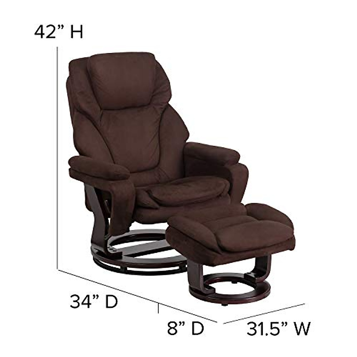 Flash Furniture Contemporary Multi-Position Recliner and Ottoman with Swivel Mahogany Wood Base in Brown Microfiber