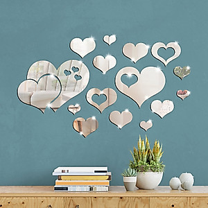 17 Pieces Heart Mirror Wall Decal 3D Acrylic Heart Mirrors Wall Art Decor Removable Heart Wall Sticker for Living Room Bedroom Home Decoration