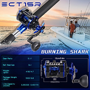 Burning Shark Fishing Reel Round Baitcasting Reel, Saltwater Inshore Surf Trolling Reel, Conventional Reel for Catfish, Musky, Bass, Pike -ECT15R