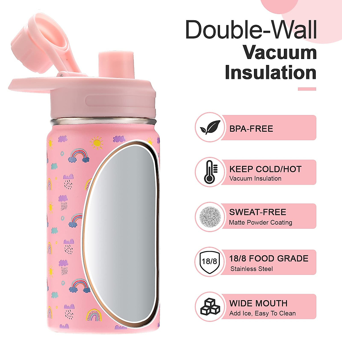 WEREWOLVES 14 oz Kids Water Bottle with Leakproof Spout Lid, Paracord Handle & Boot, Insulated Wide Mouth Stainless Steel, Reusable Double Walled Vacuum Bottle for Girls, Boys, Pink Rainbow