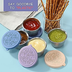 [6 Pack] Salad Dressing Container To Go, 1.6 oz Small Condiment Containers with Lids, Reusable Stainless Steel Sauce Cups Containers, Leakproof Silicone Lids for Lunch Bento Box, Picnic and Travel
