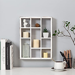 BlueGift Shadow Box Display Shelf 9-Slot Rustic Wood Floating Shelf Wall Mountable & Freestanding Shelf for Table or Desk, Vintage Whitewashed