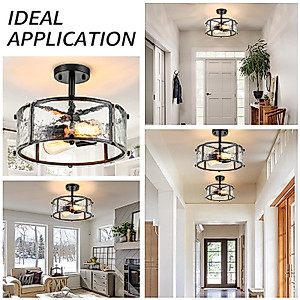 TinHon Black Semi Flush Mount Ceiling Light,12.8" Modern Small Drum Close to Ceiling Light Fixture,Easy to Install 2-Light Lightweight Glass Ceiling Lights for Dining Room,Living Room,Kitchen